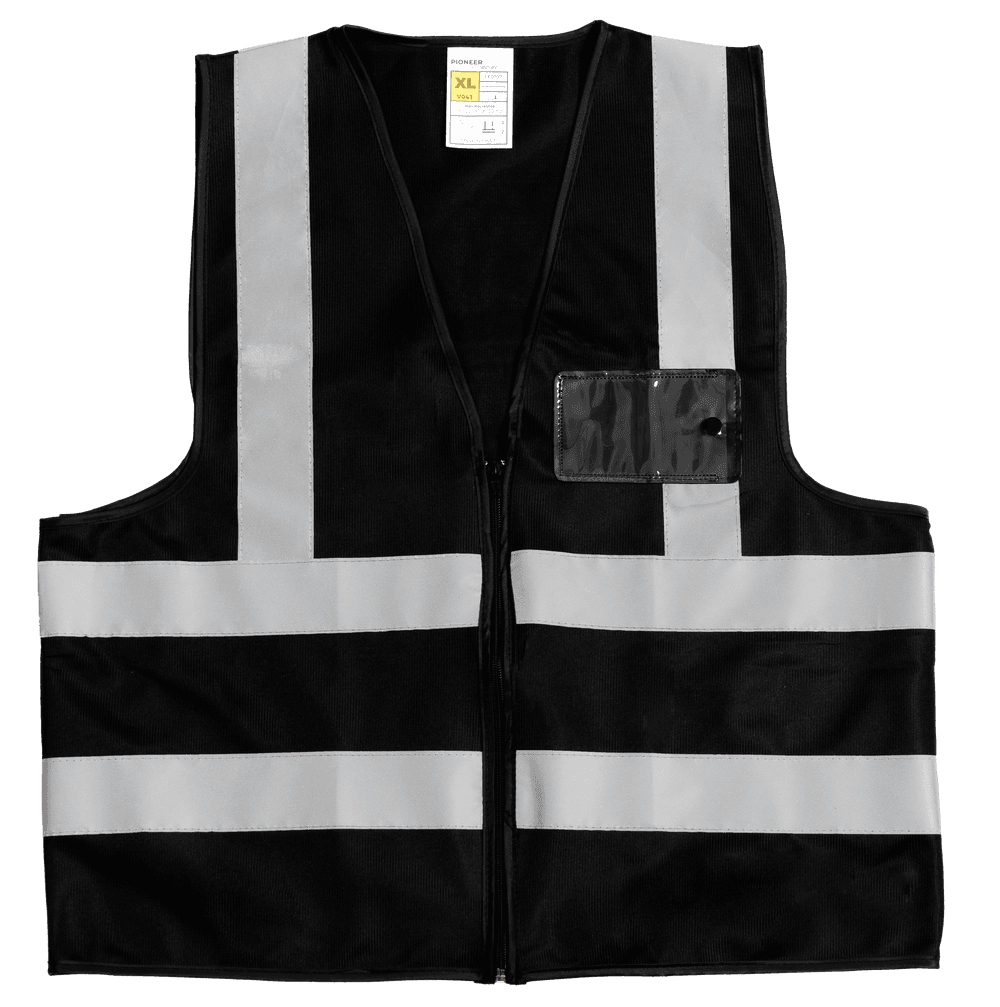 PIONEER BLACK REFLECTIVE VEST EN4 WITH ZIP & ID POUCH – Precisionware